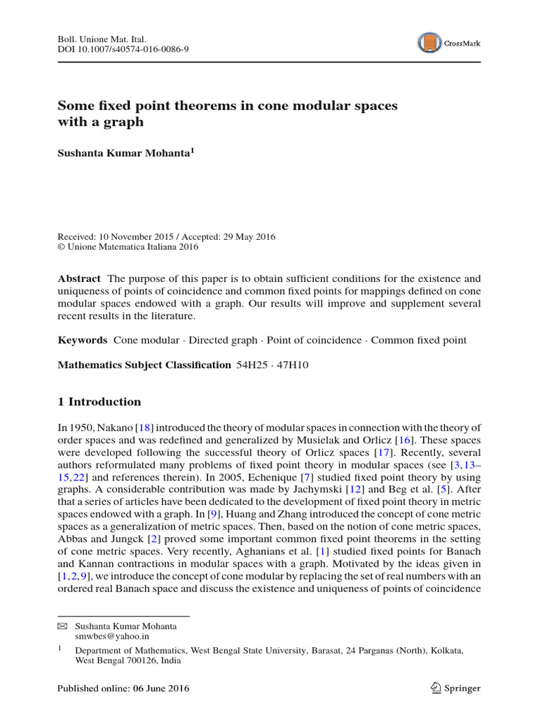 2017 Some Fixed Point Theorems In Cone Modular Spaces With A Graph Pdf Banach Space