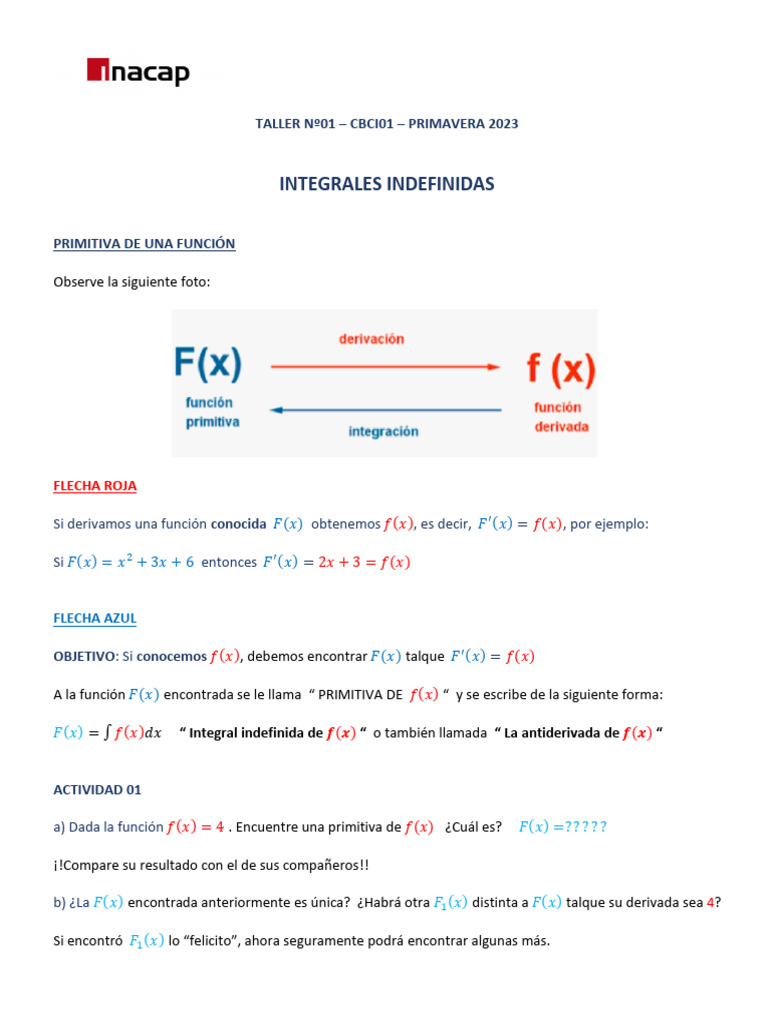 Taller Integrales Indefinidas 2023 | PDF | Integral | Matemáticas