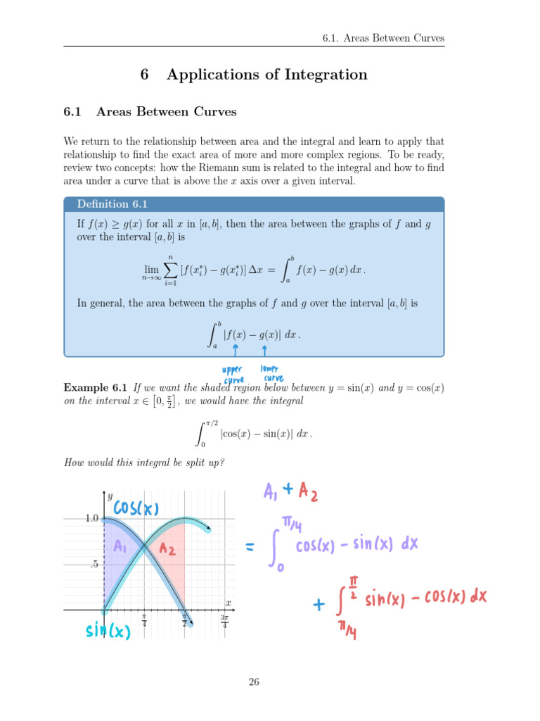 6 Applications of Integration: 6.1 Areas Between Curves | PDF ...