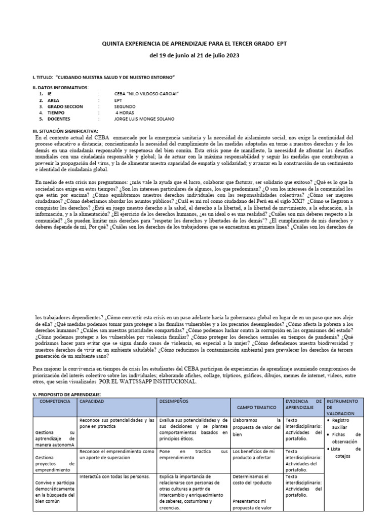 Quinta Experiencia de Aprendizaje para El Tercer Grado Ept | PDF | Aprendizaje