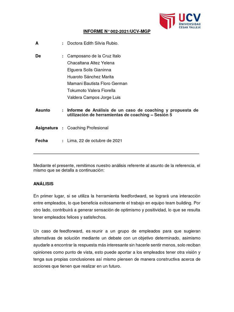 INFORME GRUPAL N° 02 - Análisis de un caso de coaching y propuesta de ...