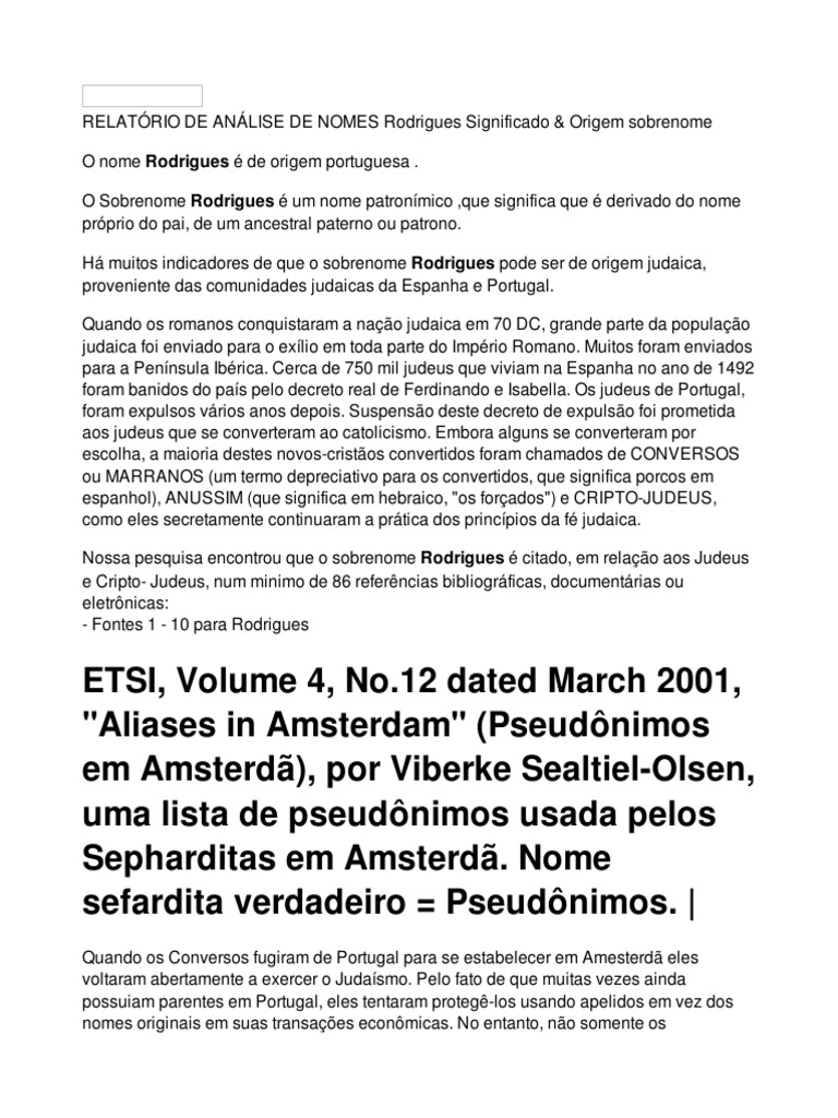 RELATÓRIO DE ANÁLISE DE NOMES Rodrigues Significado & Origem Sobrenome ...