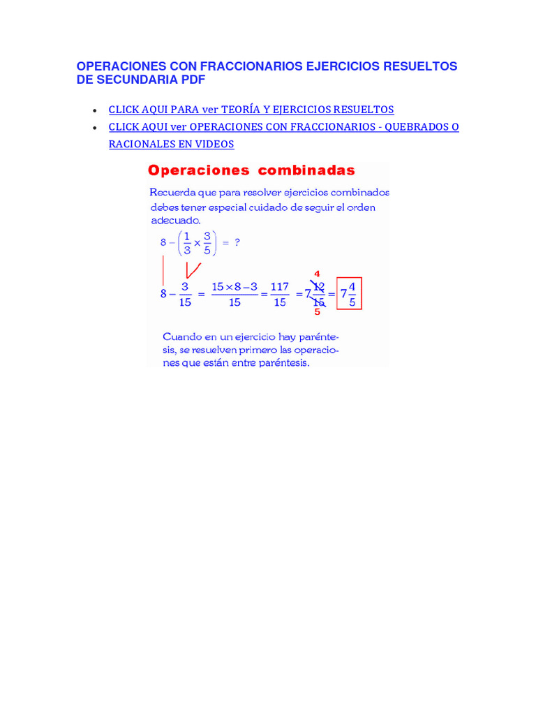 Operaciones Con Fraccionarios Ejercicios Resueltos de Secundaria PDF | PDF