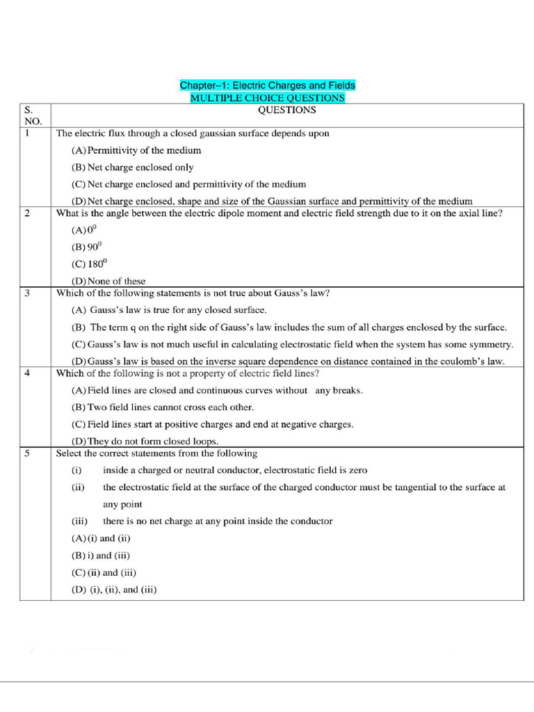 Class Xii Electrostatics MCQ Sheet 02 | PDF
