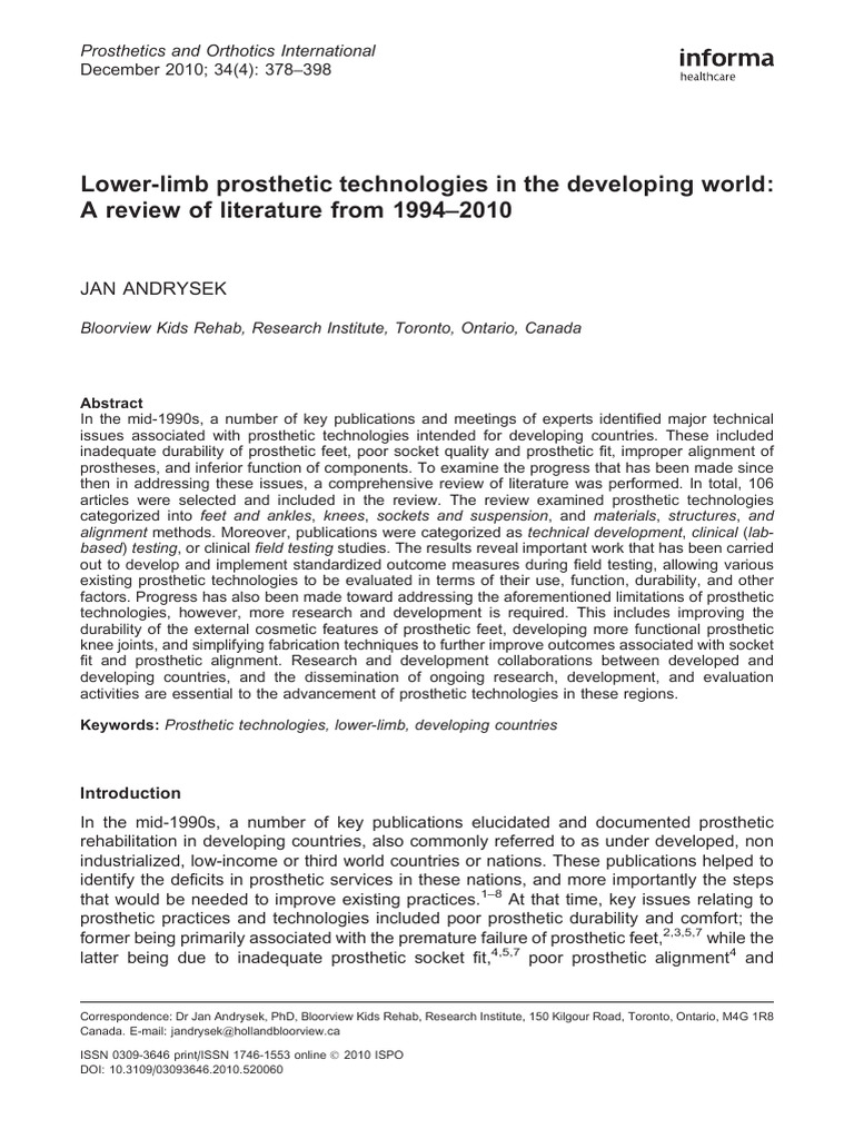 Advances in Lower-Limb Prosthetics 1994-2010 | PDF | Prosthesis