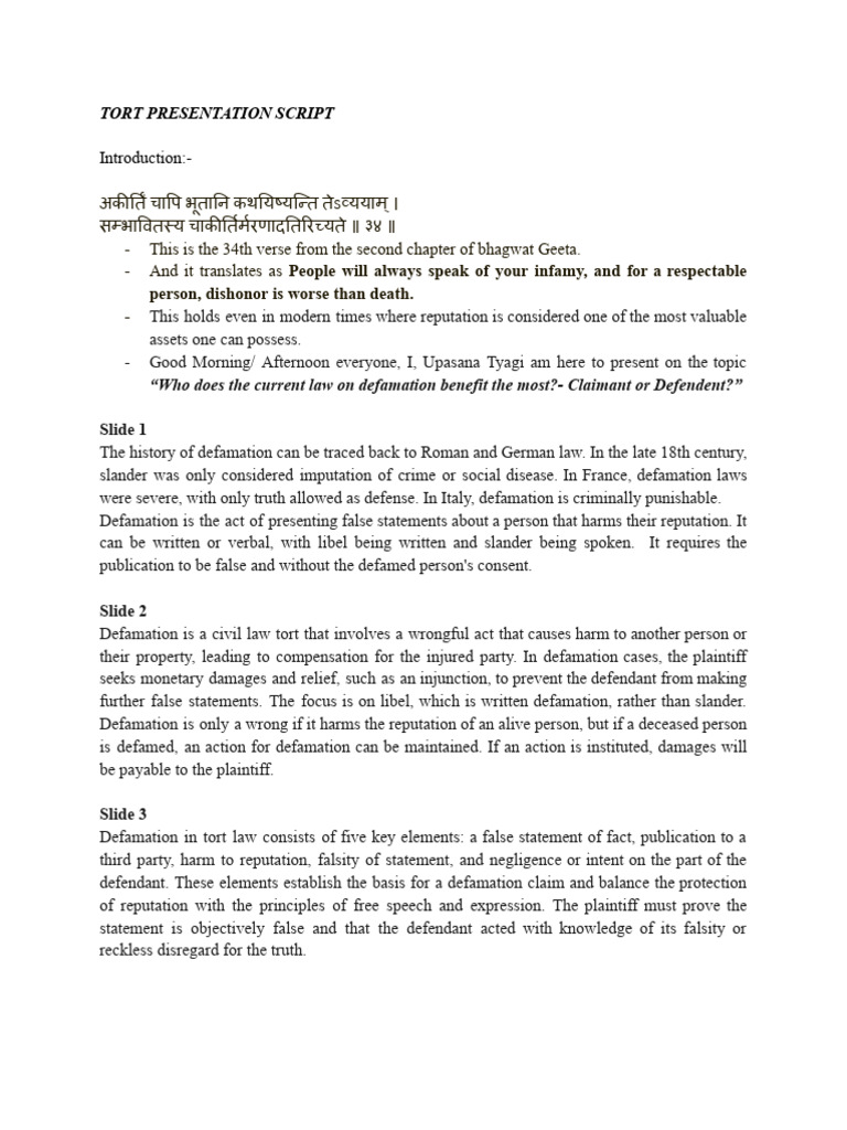 Tort Presentation Script | PDF | Defamation | Common Law