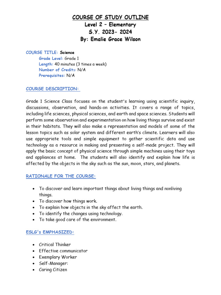 g1 Science Course Outline 2023-2024 | PDF | Science | Life