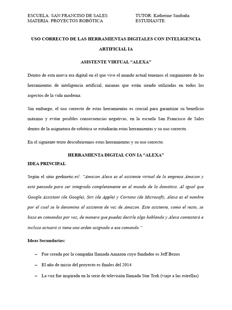 Deber Robotica Inteligencia Artificial Alexa | PDF | Inteligencia artificial | Inteligencia (IA ...