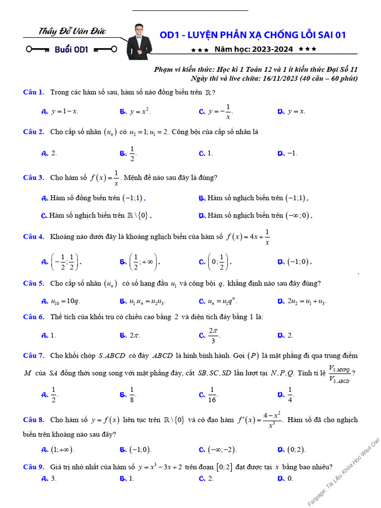 OD1 - Đề Luyện Phản Xạ - Chống Lỗi Sai số 01 | PDF