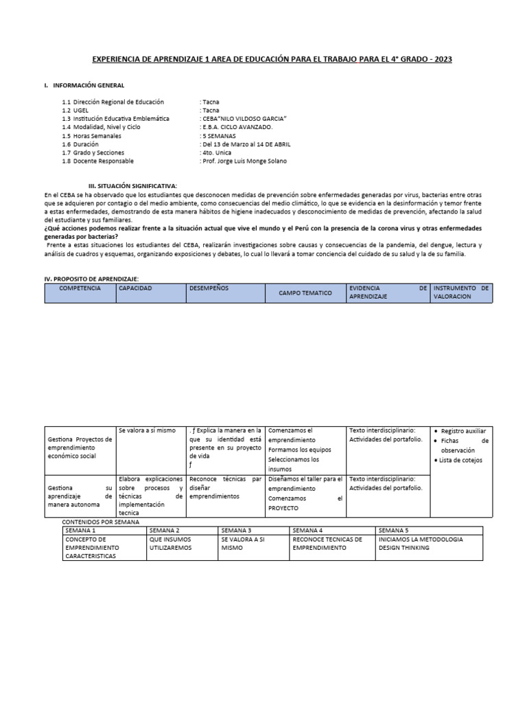 Experiencia de Aprendizaje 1 Area de Educación para El Trabajo para El 4 | PDF | Aprendizaje