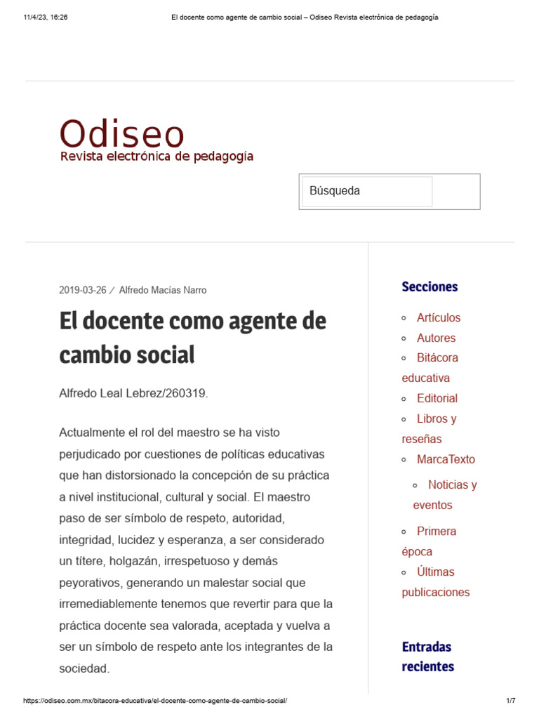 15 Macías A 2019 El Docente Como Agente De Cambio Social