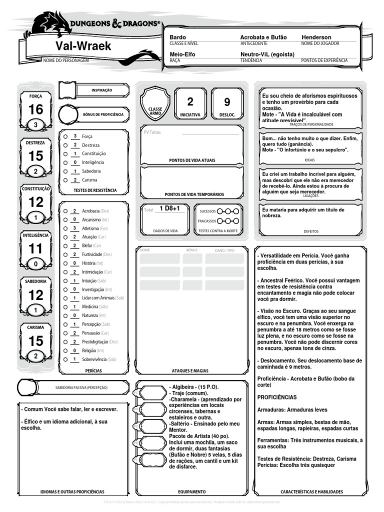 Ficha de Personagem: Bardo Val-Wraek | PDF