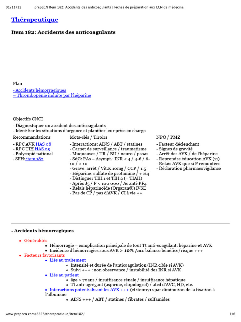 Item 182 - Accidents Des Anticoagulants - Fiches de Préparation Aux ECN de Médecine | PDF ...