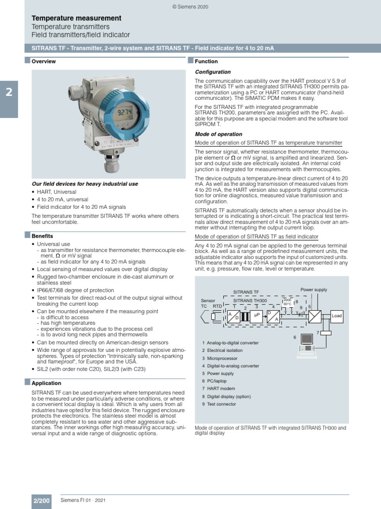 Datasheet SIEMENS SITRANS TF Temperature Transmitter | Download Free ...