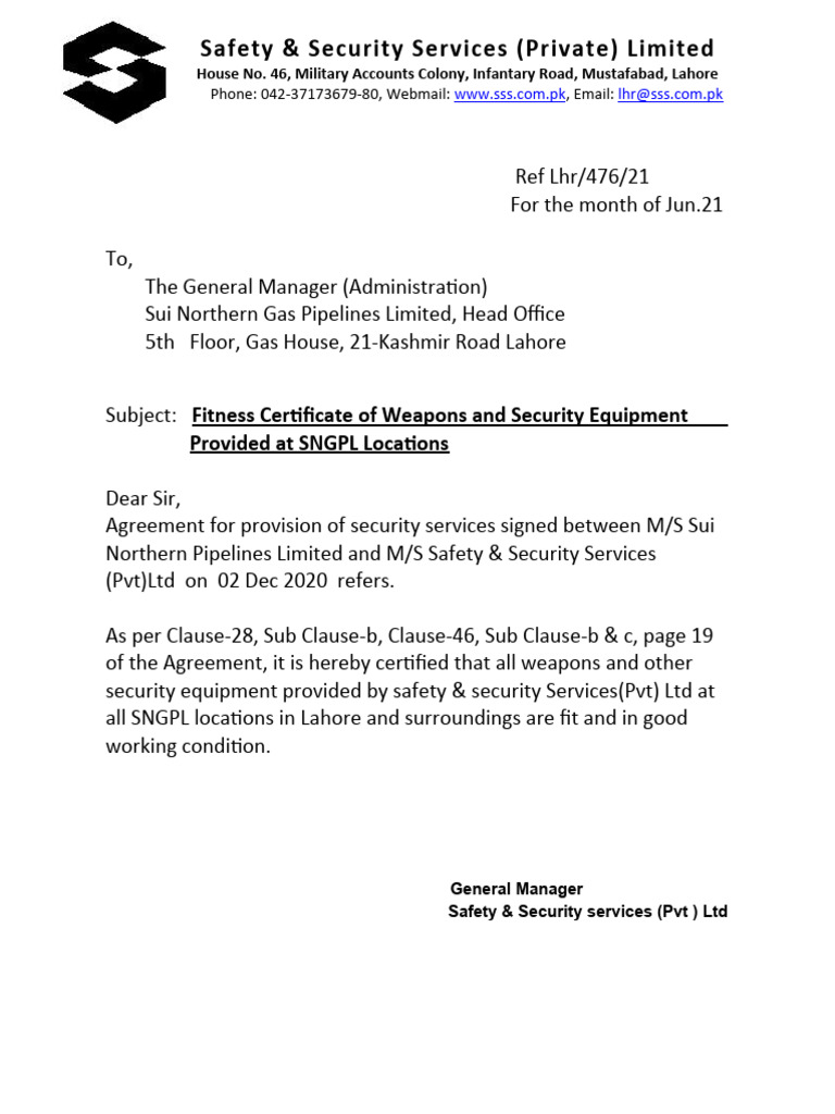 Weapon Fitness Certificate for SNGPL | PDF
