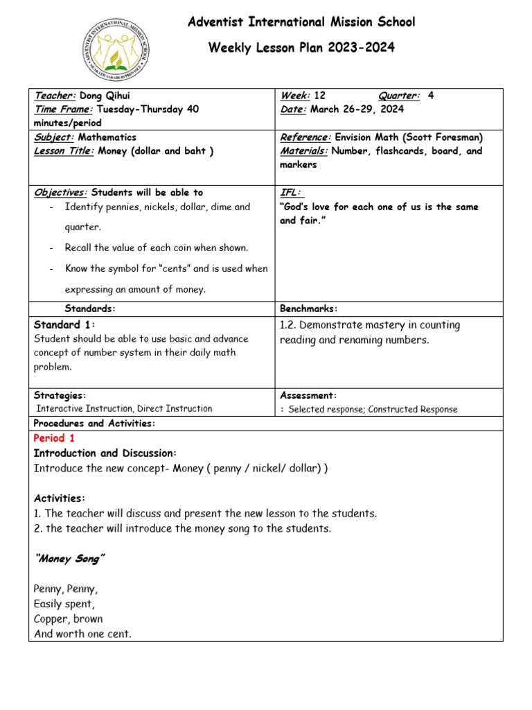 Teacher: Time Frame: Week: Quarter: Date: Subject: Lesson Title ...