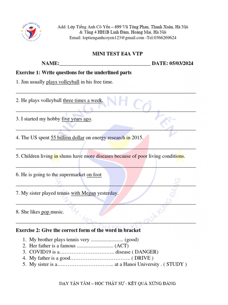 English Mini Test for E4A VTP Students | PDF | Hanoi
