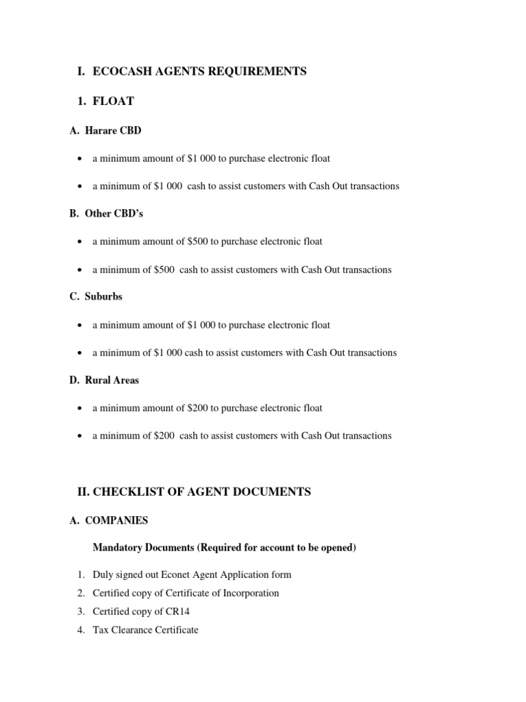 Ecocash Agent Registration Requirements | PDF | Identity Document
