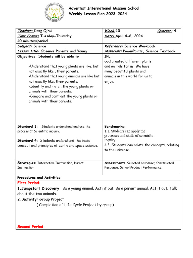 g1 Science Lesson Plan Week 13 | PDF