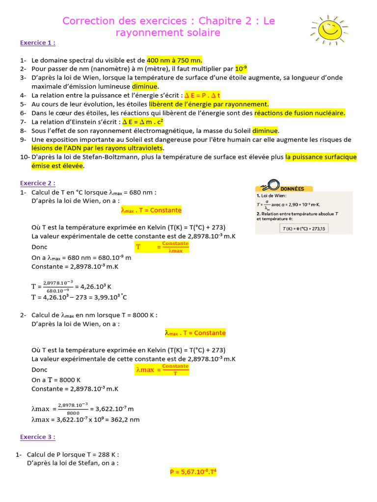 Rayonnement solaire : exercices et calculs | PDF | Soleil | Radiation