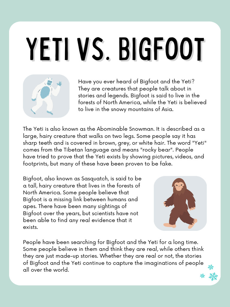 The Yeti Bigfoot Reading Comprehension Worksheet in A Blue White Simple ...