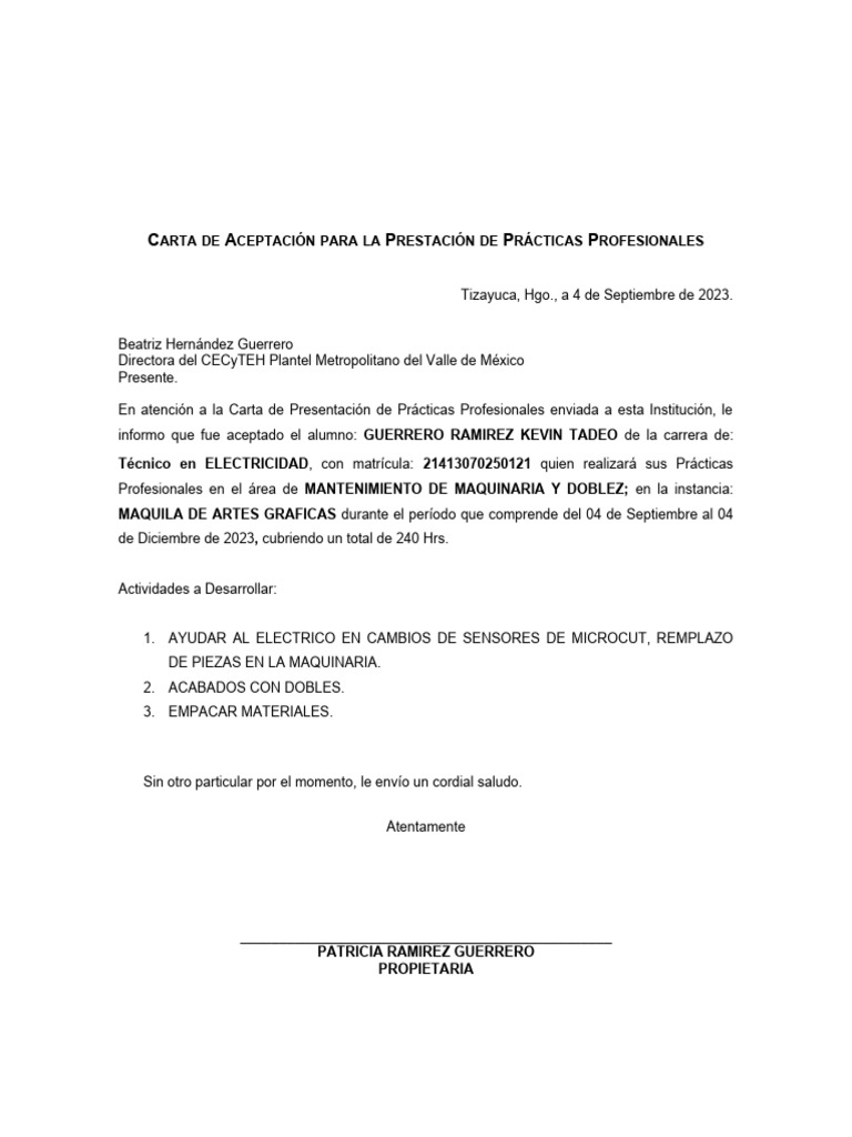 CARTA DE ACEPTACION kevin | PDF