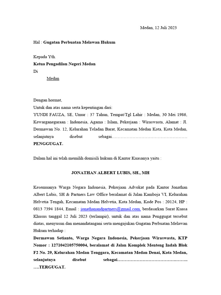 Surat Gugatan Klinis Perdata | PDF