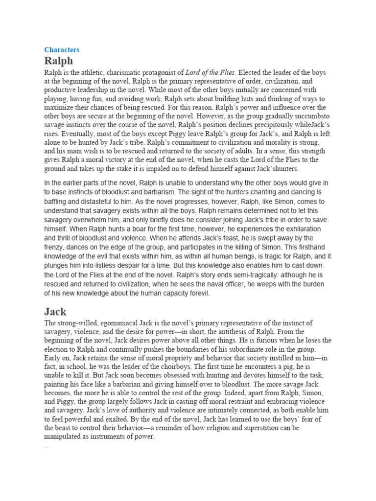 Lord of the Flies Character Analysis | PDF | General Fiction