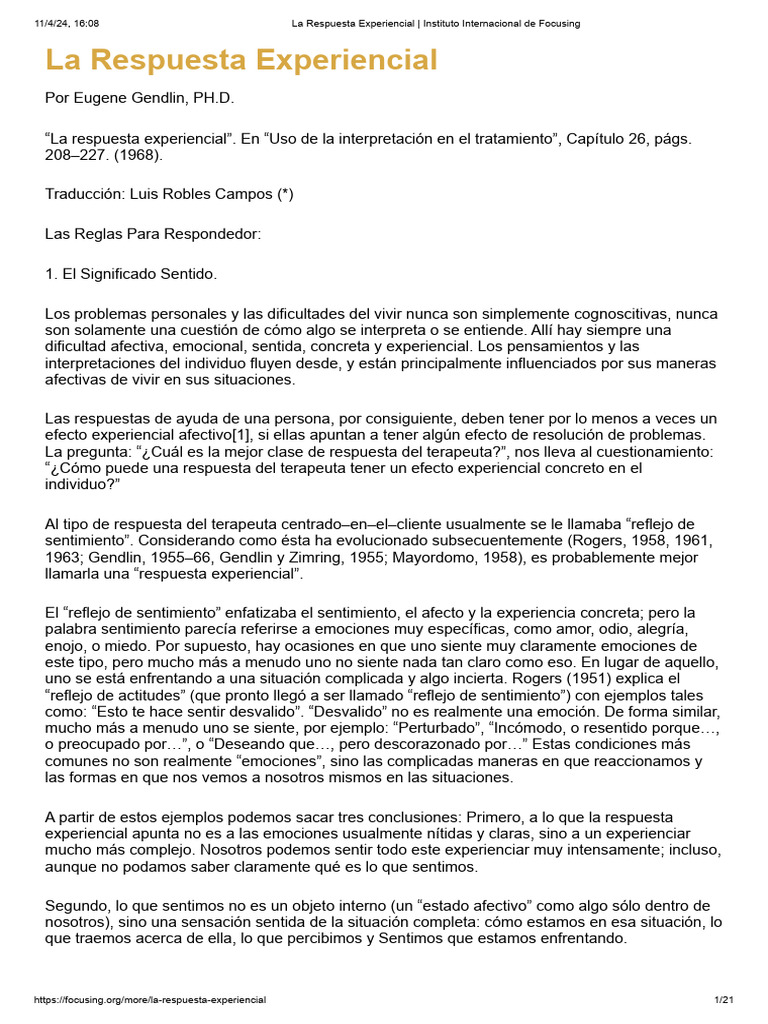 Art Focusin Gendlin La Respuesta Experiencial Pasos | PDF | Experiencia ...