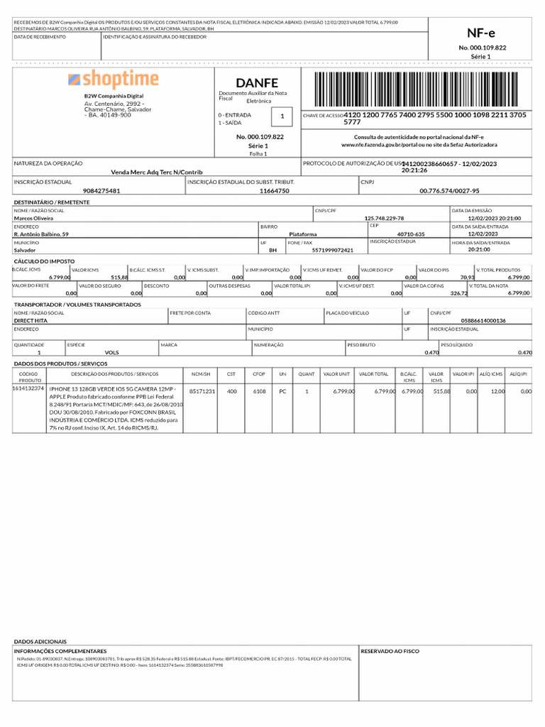 Nota fiscal iPhone 13 Pro Max | PDF