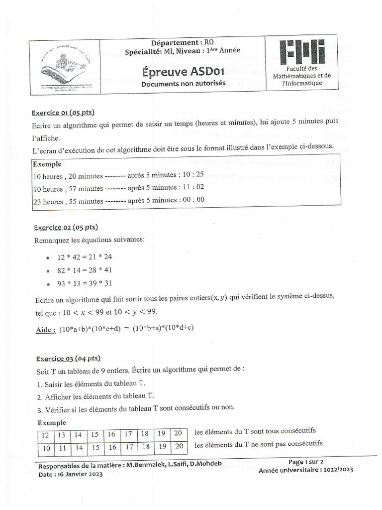 Examen Corrigé Algorithmique Et Structures de Données 1 BBA 2023 | PDF
