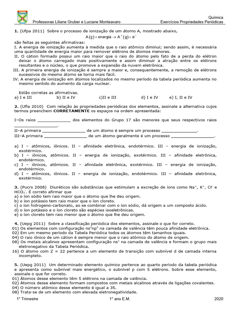 EXERCÍCIOS T Periodica Moodle 2 | PDF | Tabela periódica | Química
