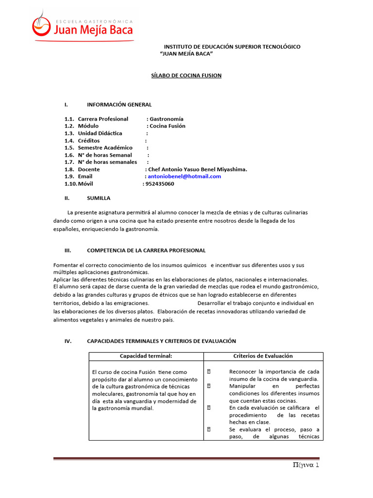 Sillabus y Separata de Cocina Fusion y Molecular | PDF | Alimentos