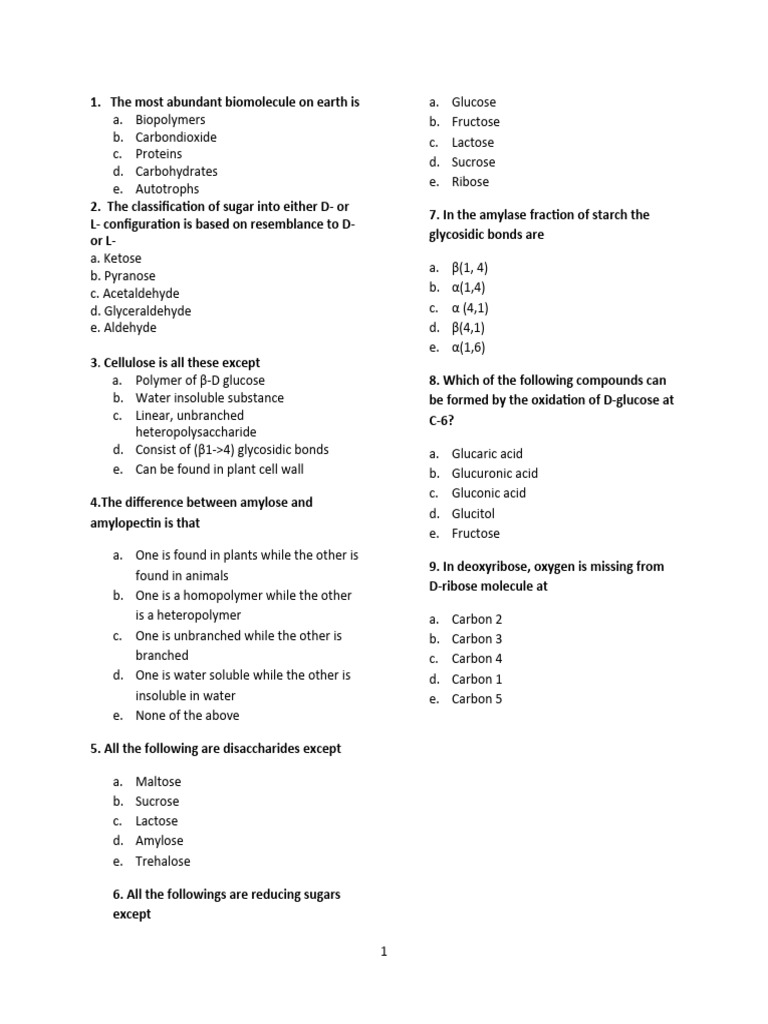 BCH 201 MCQ | PDF | Lipid | Fatty Acid