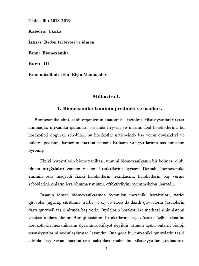 M - Hazir - Biomexanika F - Nninin Predmeti V - Sullar | PDF