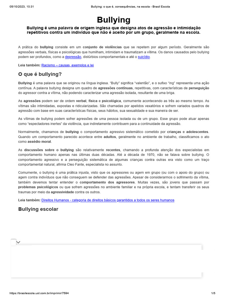 Consequências do Bullying Escolar | PDF | Assédio moral/bullying | Agressão
