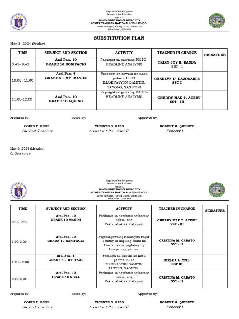 Substitution Plan 1 | Download Free PDF | Philippines