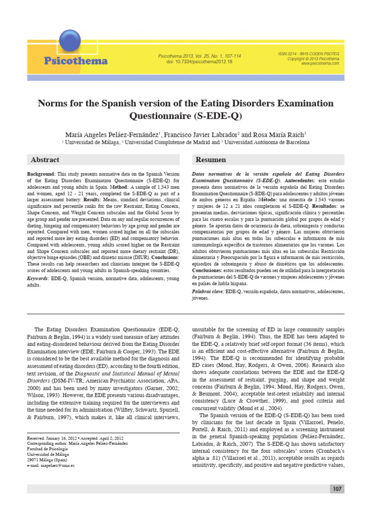 Norms For The Spanish Version of The Eating Disorders Examination ...