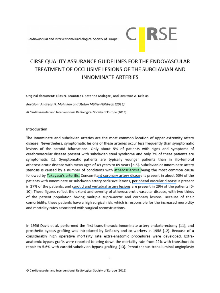 Cirse Quality Assurance Guidelines For The Endovascular Trea | PDF | Coronary Artery Bypass ...