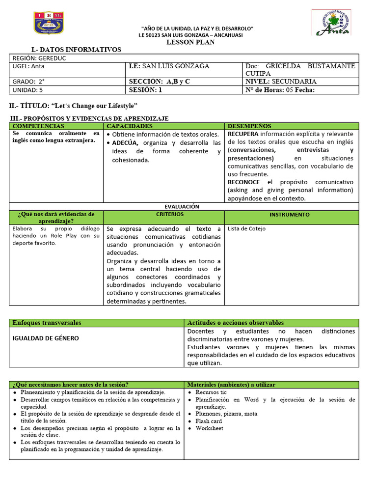 LESSON 1 UNIT 5 LET´S CHANGE OUR LIFESTYLE | PDF | Cognición | Aprendizaje