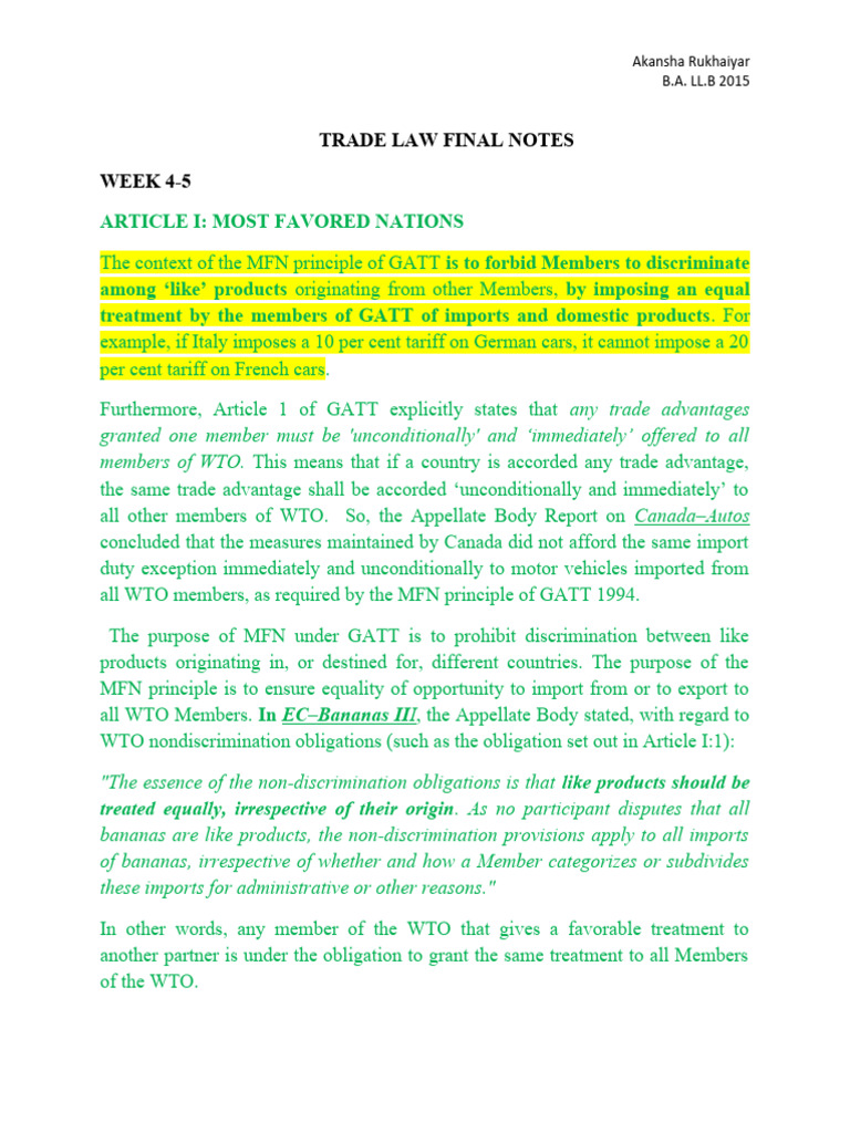 International Trade Law | PDF | Most Favoured Nation | World Trade Organization