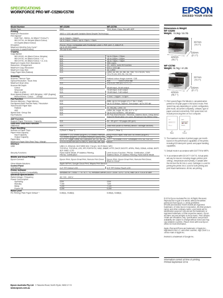 Epson WorkForce Pro WF-C5290/C5790 Specs | PDF | Image Scanner ...
