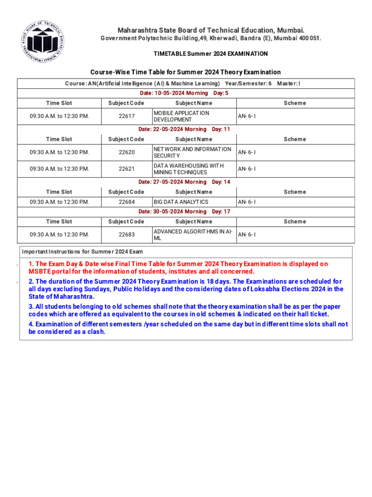 MSBTE Summer 2024 Exam Timetable | PDF
