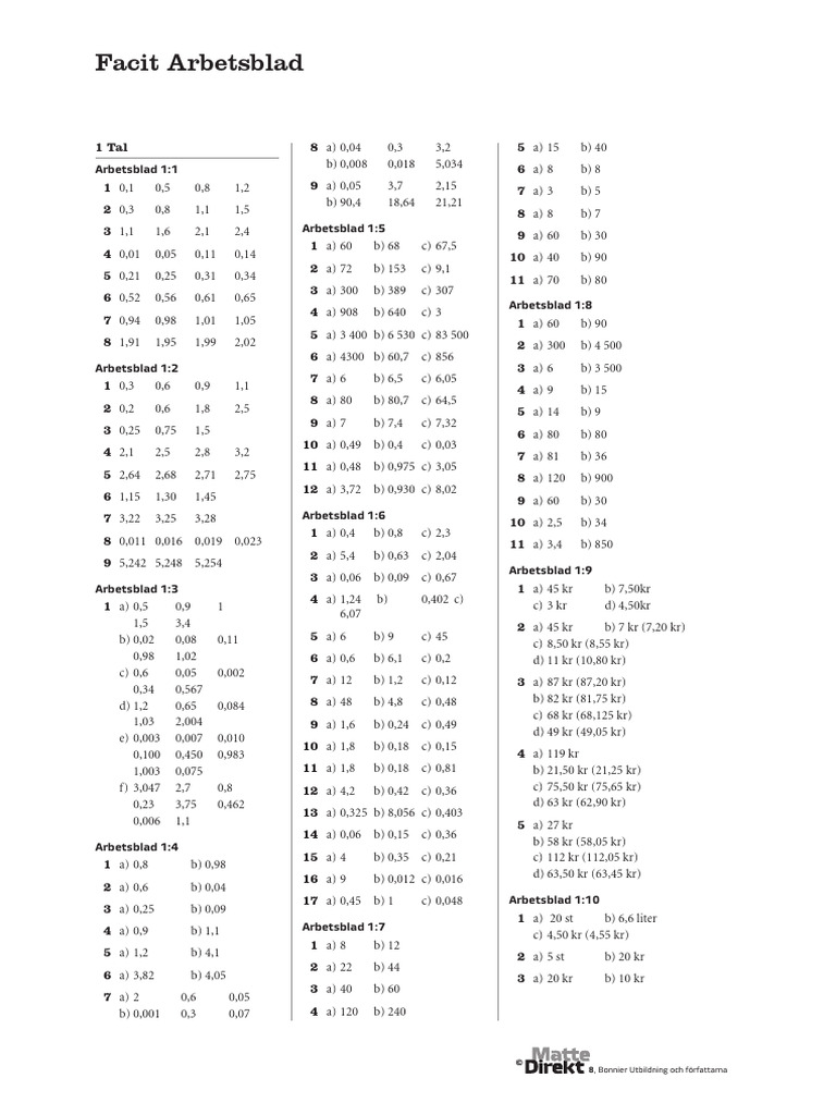 Facit Arbetsblad | PDF