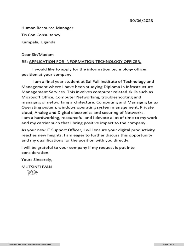 IT Officer Application by Mutsinzi Ivan | PDF | Computer Network | Router (Computing)