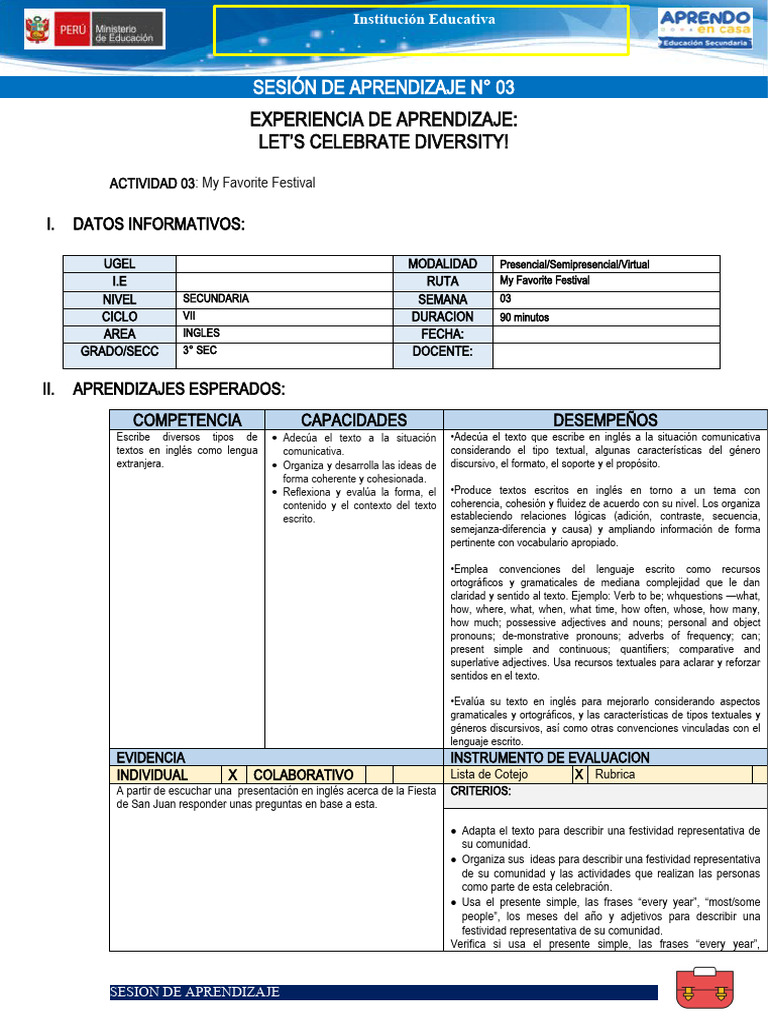 SESION INGLES 3°-EXP 03-ACTIV 03 | PDF | Aprendizaje | Evaluación