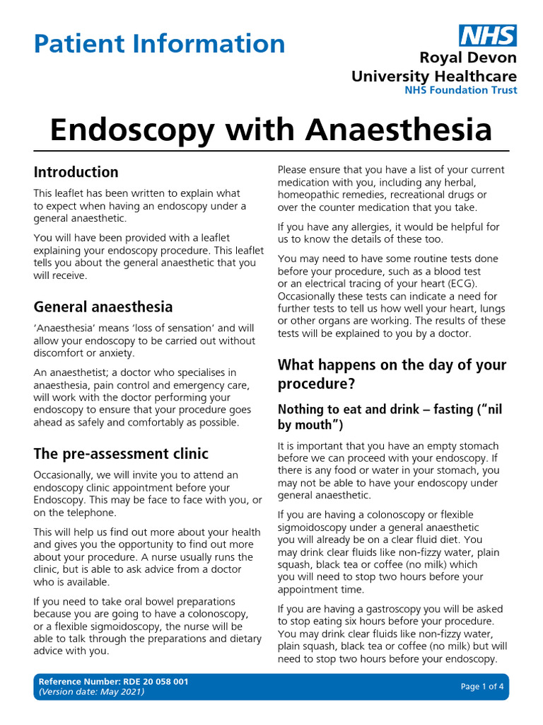 Patient Information Leaflet Endoscopy - With - Anaesthesia Rde 20 058 ...