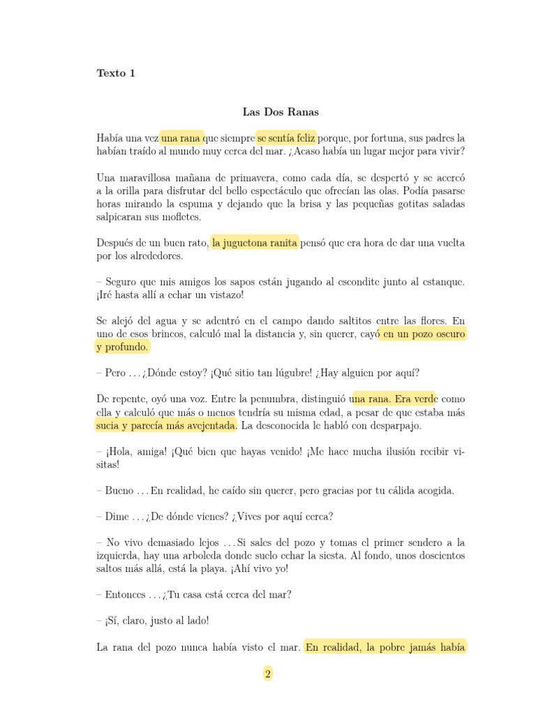 5° Básico Lenguaje Retroalimentación Comprensión Lectora Las Dos Ranas. Páginas Eliminadas | PDF