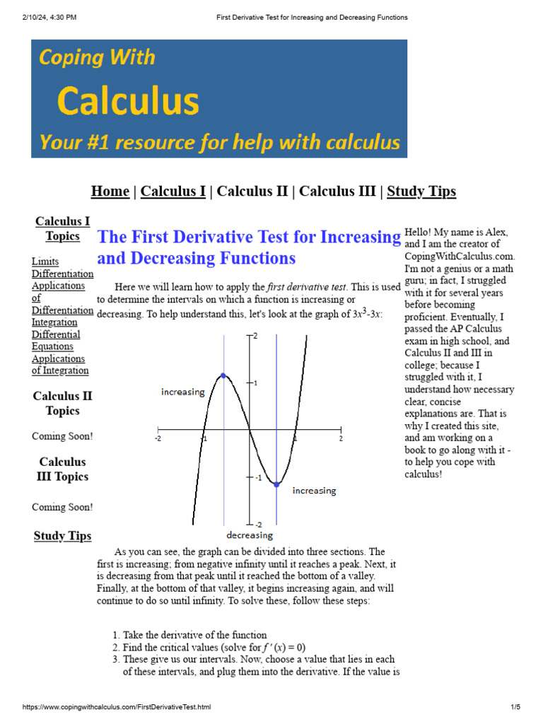 First Derivative Test For Increasing And Decreasing Functions Pdf Derivative Calculus