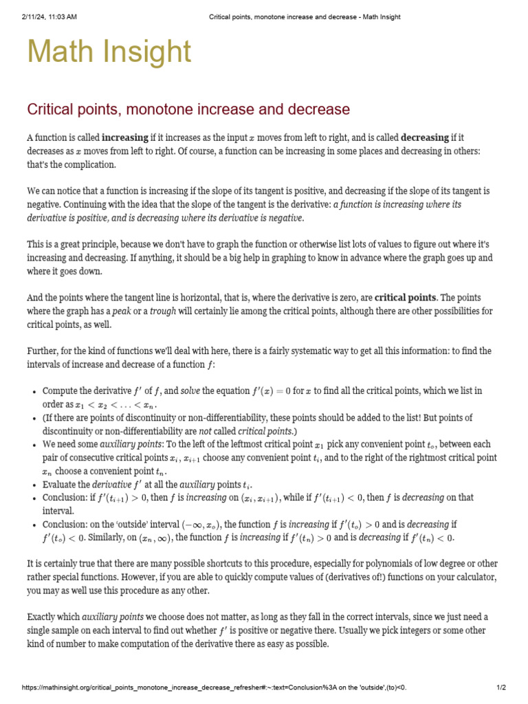 Critical Points, Monotone Increase and Decrease - Math Insight | PDF ... Critical Points, Monotone Increase and Decrease - Math Insight | PDF ...